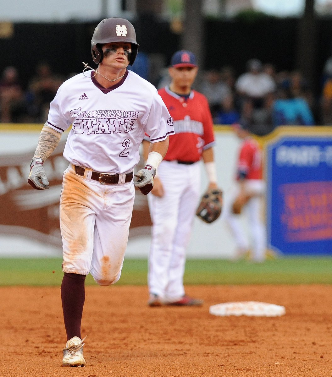 Mississippi state's hunter stovall rounds second after hitting a homer ...
