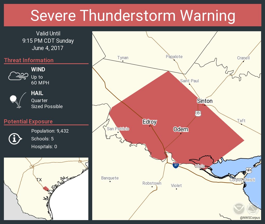 Severe Thunderstorm Warning continues for Sinton TX, Odem TX, Edroy TX ...
