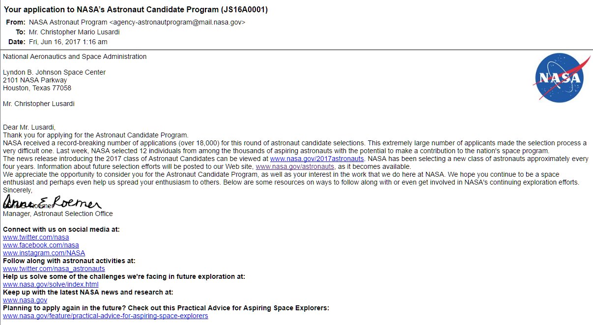 Nasa Rejection Letter