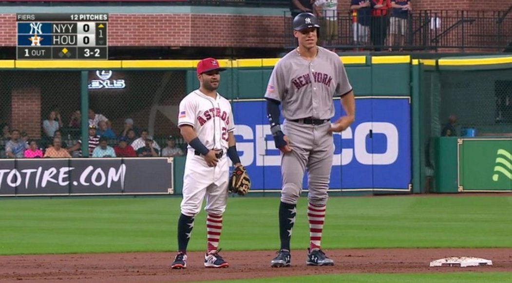 Aaron Judge standing beside of Jose Altuve today. : baseball