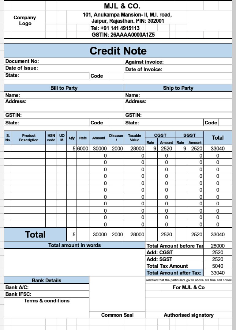 Credit Note Template Excel