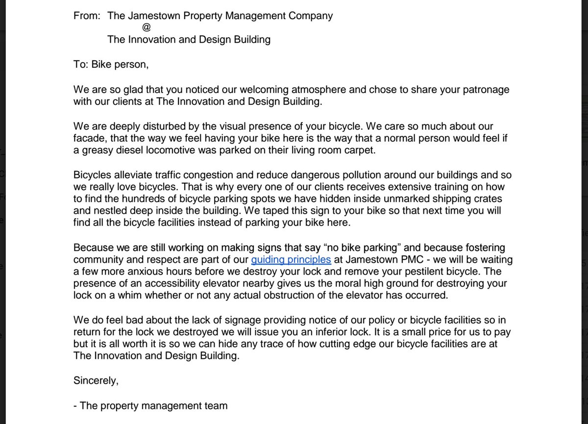 Building cut my lock while I at lunch, I gave them this letter to use ...