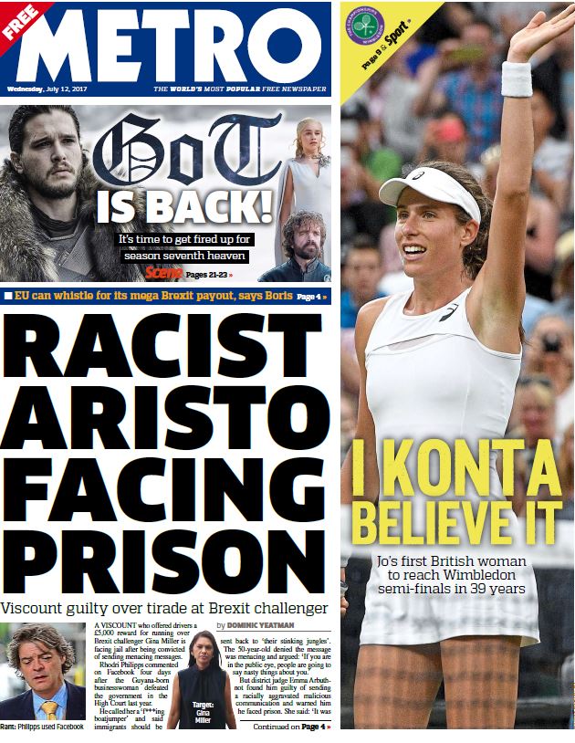 METRO FRONT PAGE: 'Racist aristo facing prison' skypapers | Sky News ...
