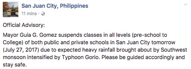 News5 on Twitter: "CLASS SUSPENSION | Walang pasok sa lahat ng antas ng paaralan sa San Juan ...