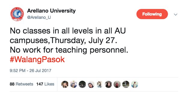 News5 on Twitter: "CLASS SUSPENSION | Walang pasok sa lahat ng campus ng Arellano University ...