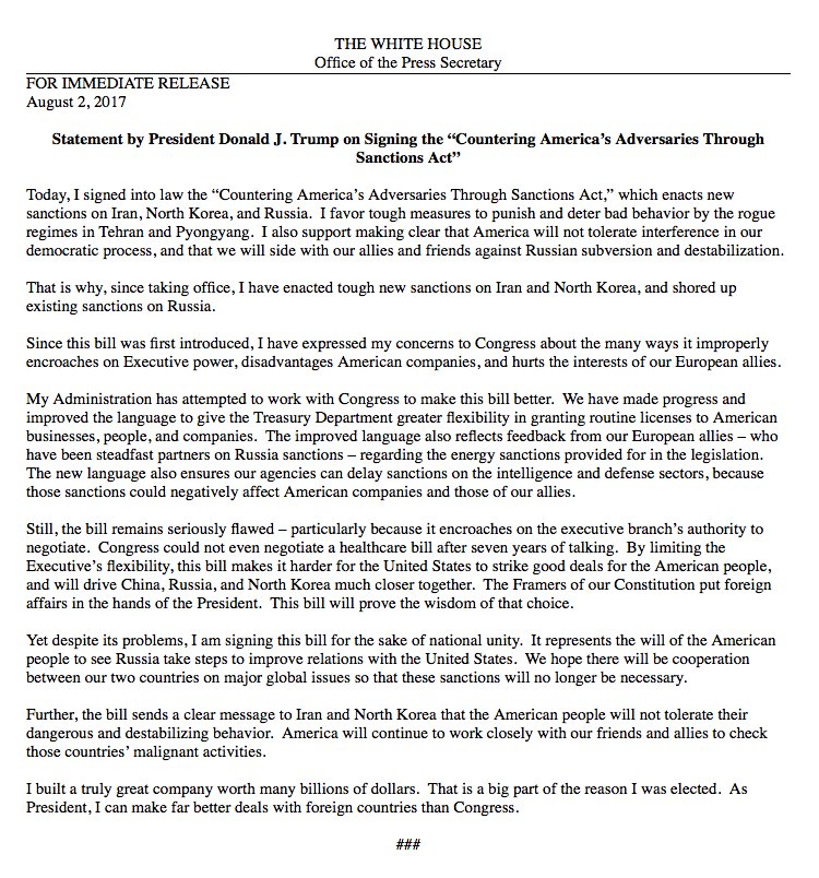 President Trump’s signing statement on the new sanctions bill: https ...