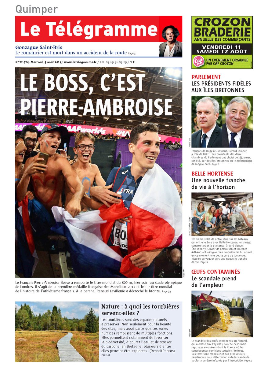La Une du Télégramme du mercredi 9 août 2017. Toute l’info sur http ...