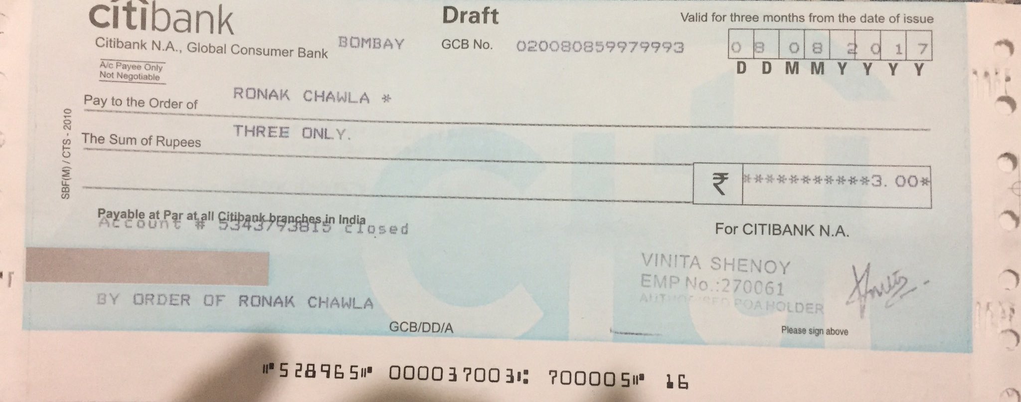 Citibank Sample Cheque