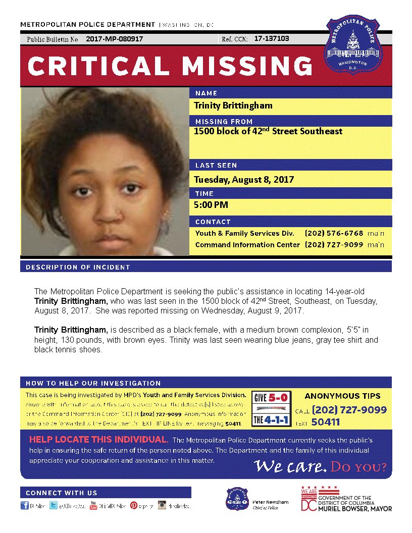 Critical MissingPerson: Trinity Brittingham, 14, last seen 8/8 in the ...