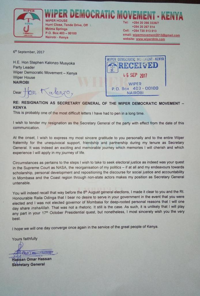 Hassan Omar resigns as Wiper Sec Gen, he will not support Raila