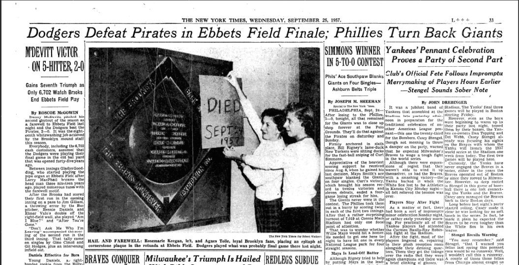 The Brooklyn Dodgers played their last game at Ebbets Field, 60 years ...