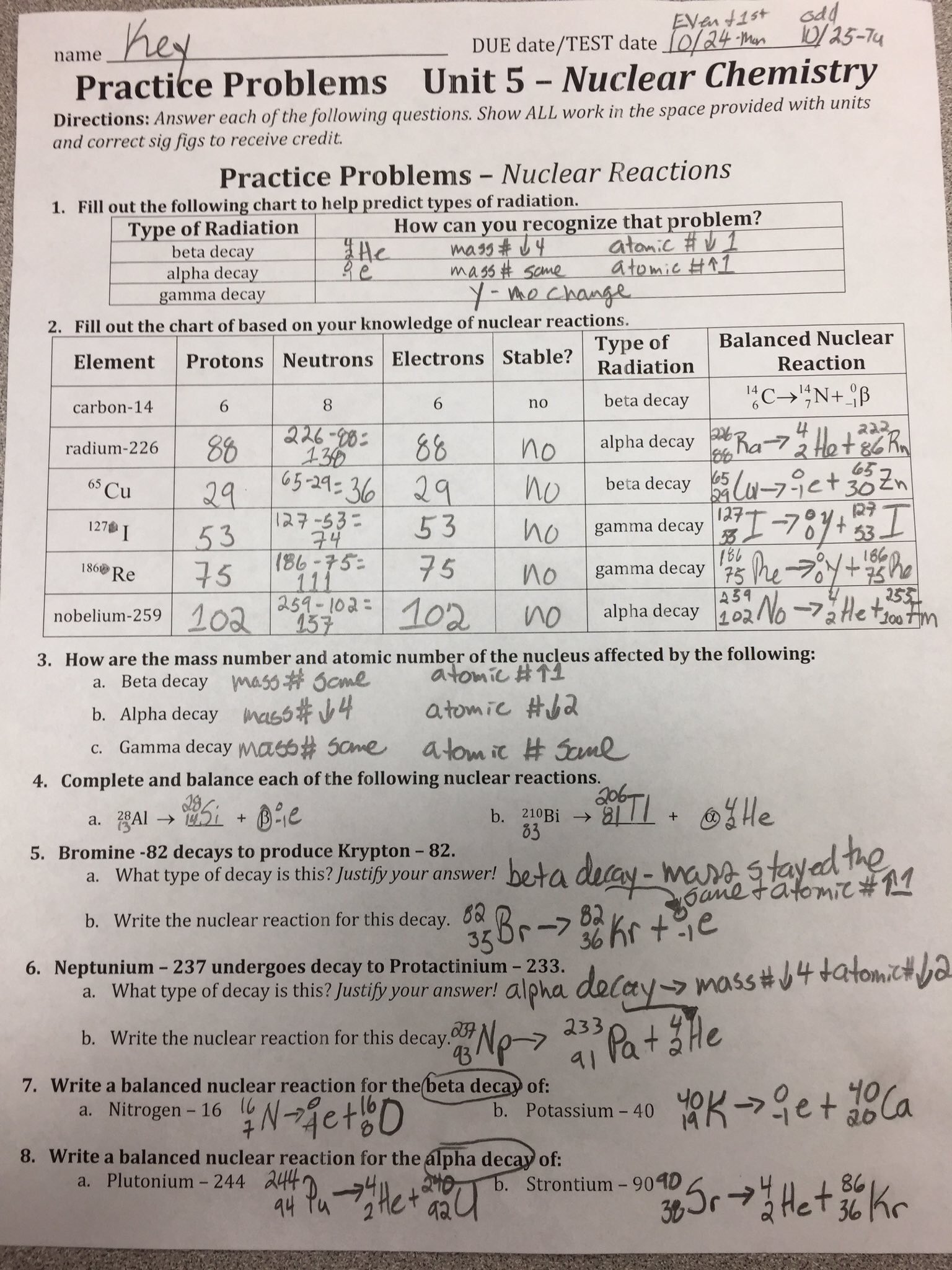 Nuclear Chemistry Worksheets With Answers
