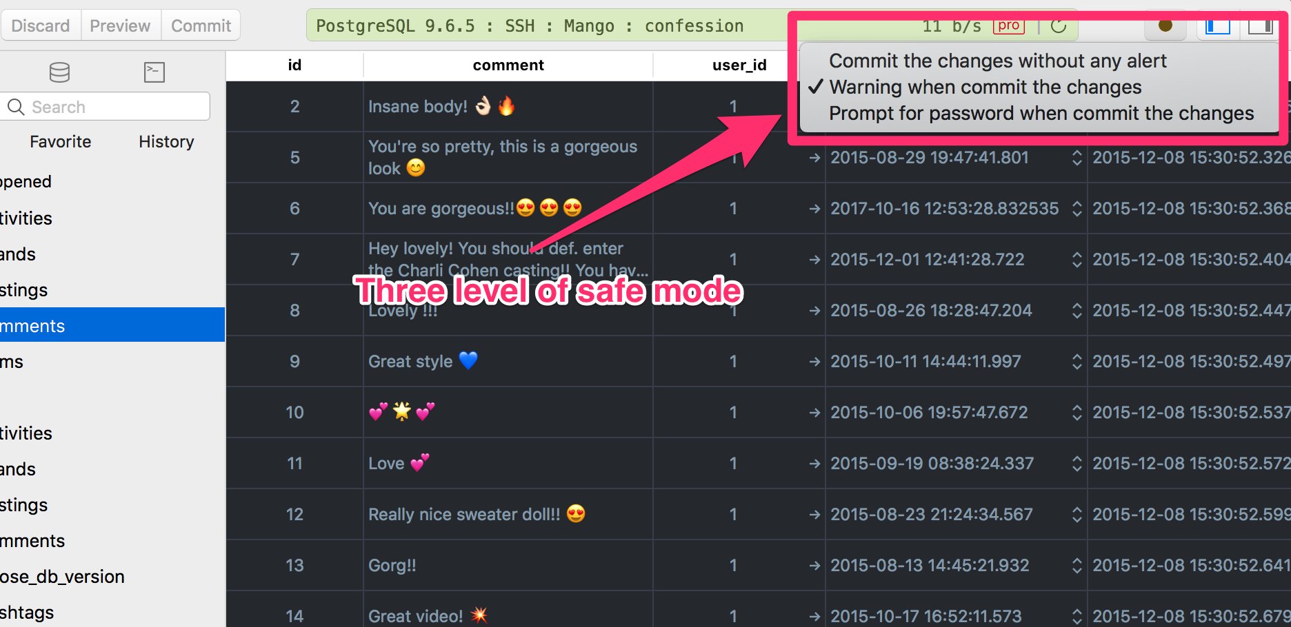 TablePlus on Twitter: "Three level of safe mode when commit the changes 👏 #tableplus #pgadmin # ...