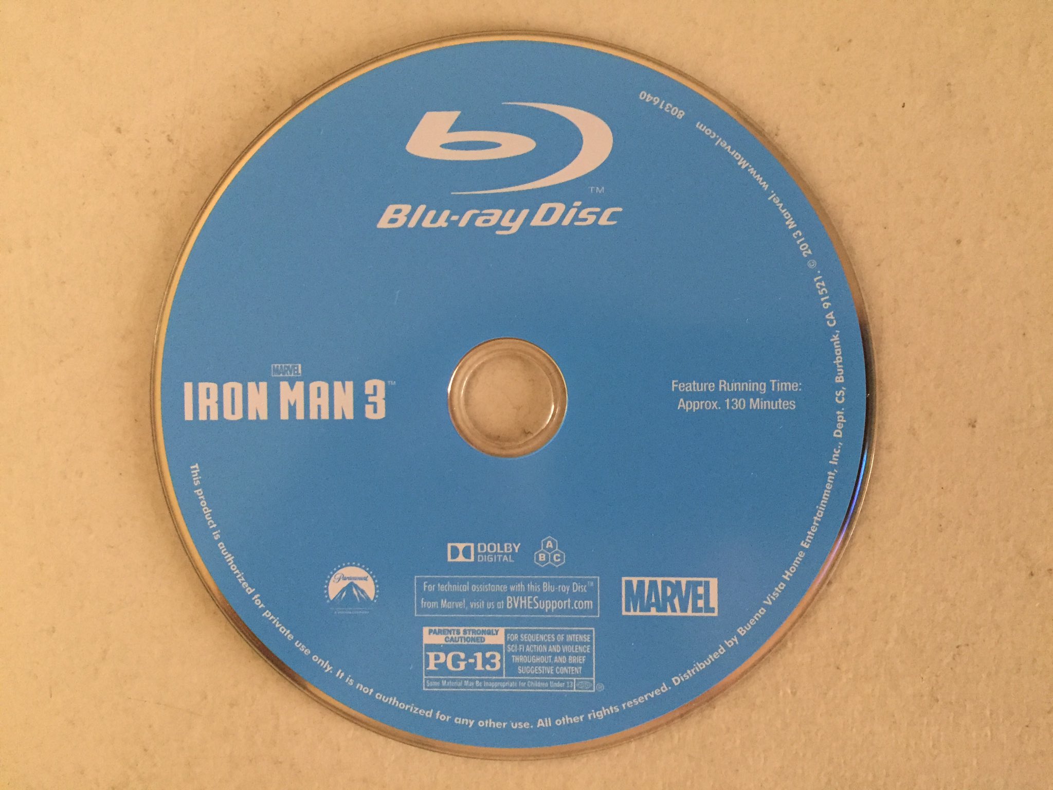 Iron Man 3 Blu Ray Disc