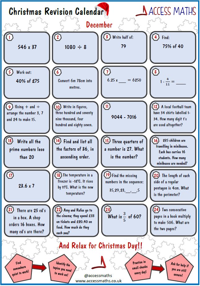 Access Maths on Twitter: "New Christmas Revision Calendar for Primary ...