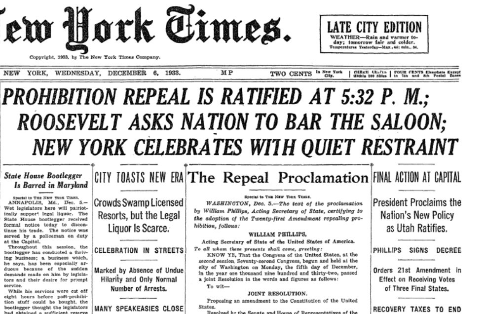 Prohibition is repealed, this day in 1933. New York City celebrates ...