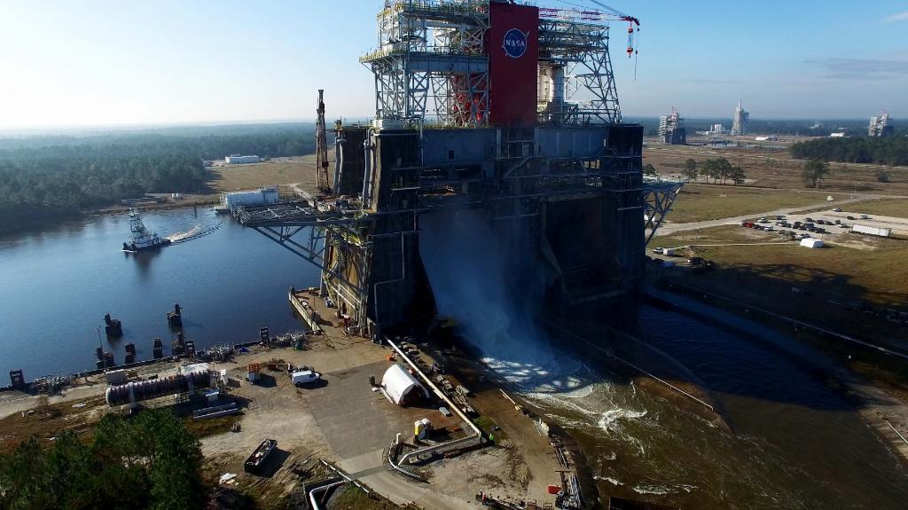 An aerial shot of the December 4 water flow test on the B-2 Test Stand ...