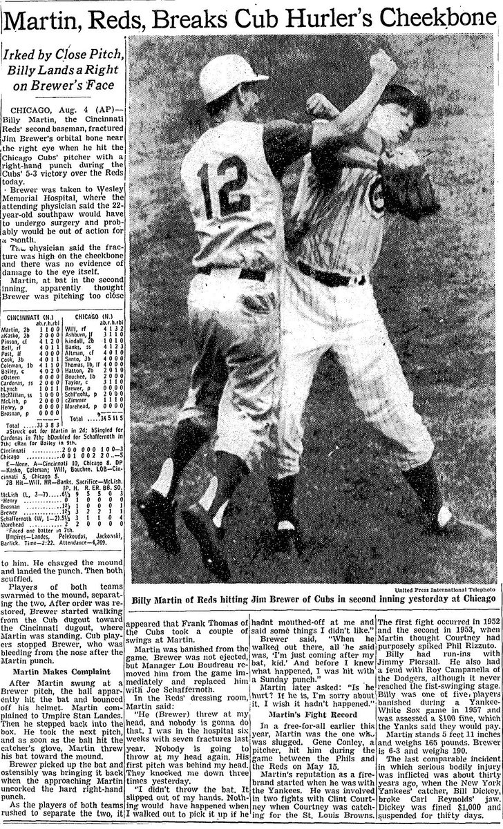 August 4, 1960: Pitcher Jim Brewer throws a pitch that just misses the ...
