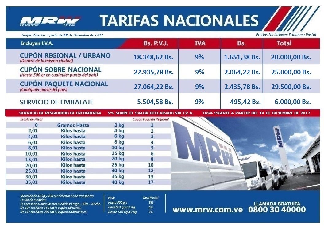 MRW Venezuela on Twitter: "Tarifario vigente a partir del 18/12/2017 #Tarifas #Servicio #envios ...