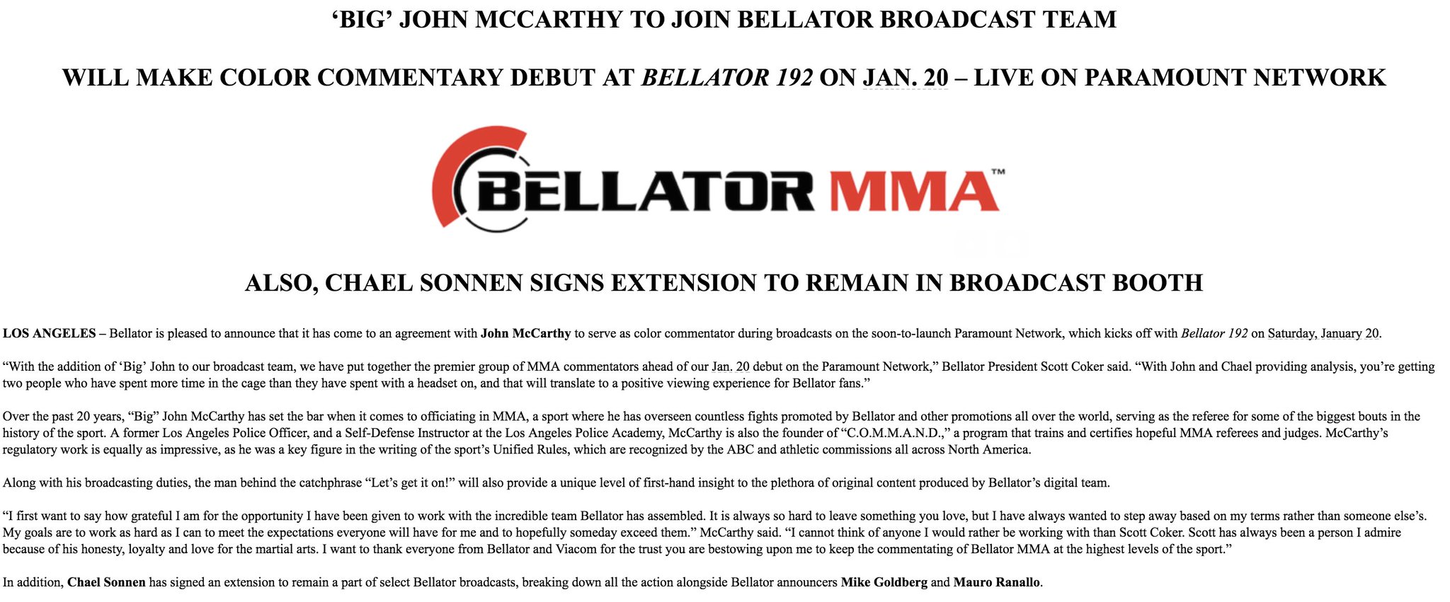 Bellator Adds Referee Big John McCarthy As Color Commentator For ... Bellator Adds Referee Big John McCarthy As Color Commentator For ...
