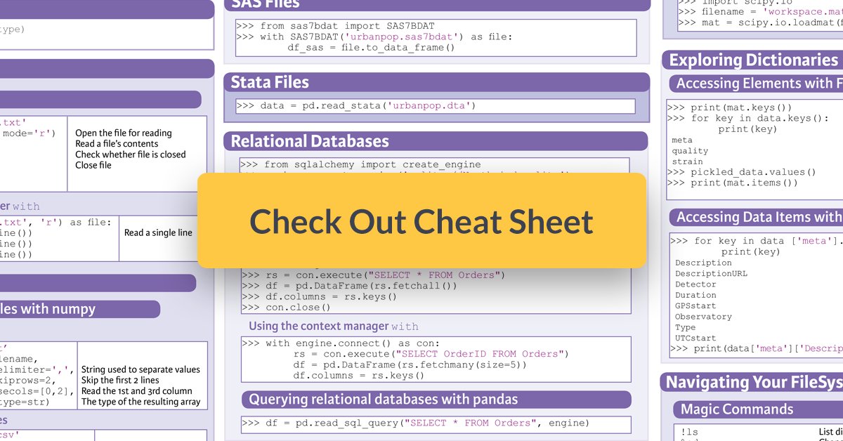 DataCamp on Twitter: "Importing Data in #Python Cheat Sheet is out! Here's a handy reference ...
