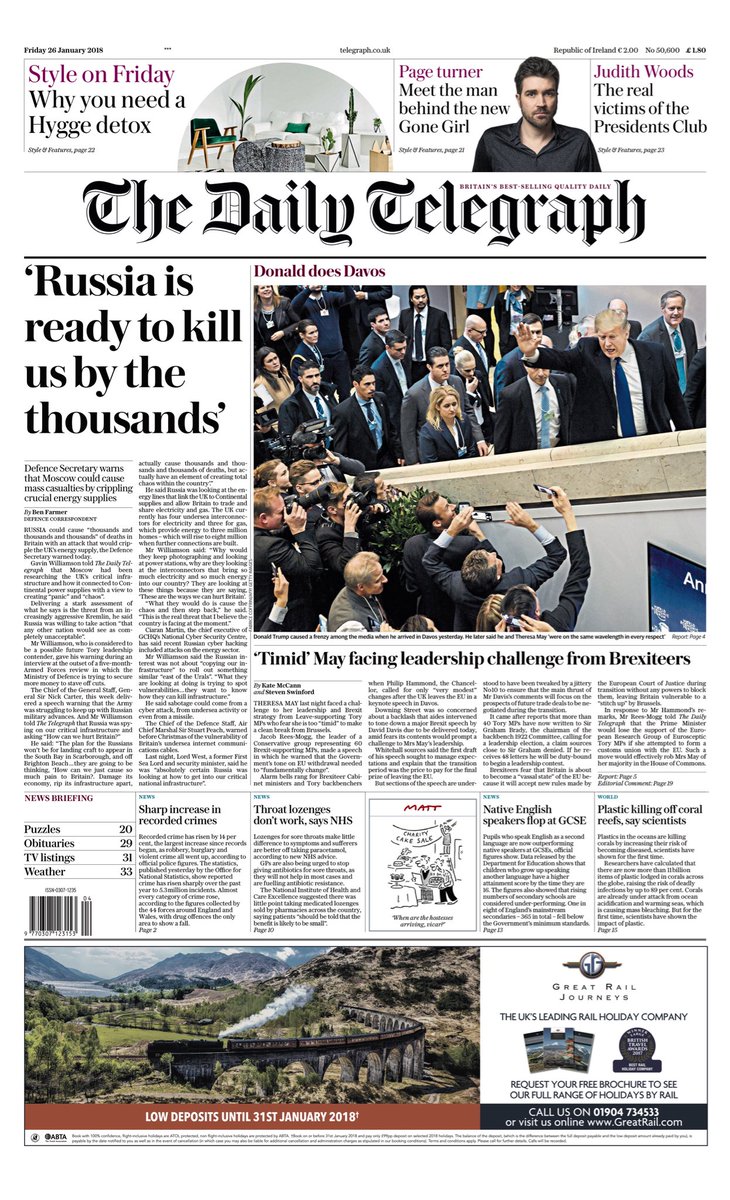 Friday's Daily Telegraph "'Russia is ready to kill us by the thousands ...