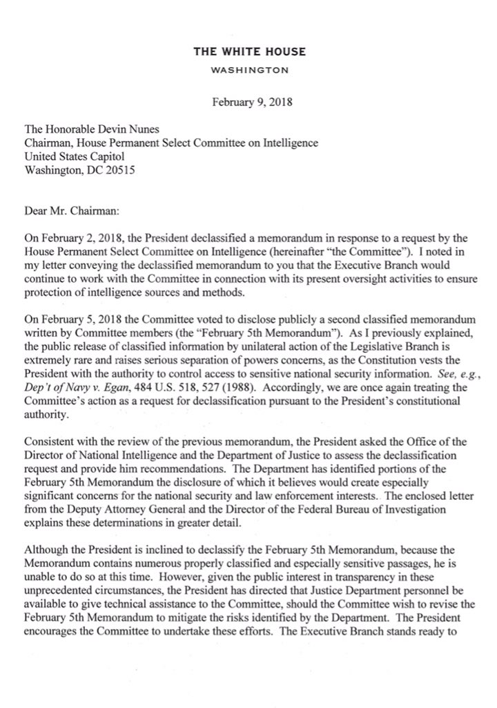 WH letter to Nunes on POTUS decision not to declassify the Dem memo ...