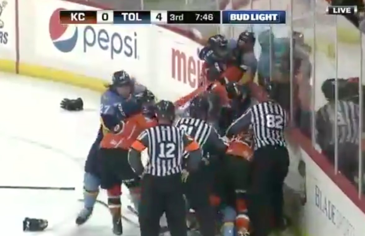 Full Line Brawl Breaks Out At ECHL Game Including Fighting Goalies