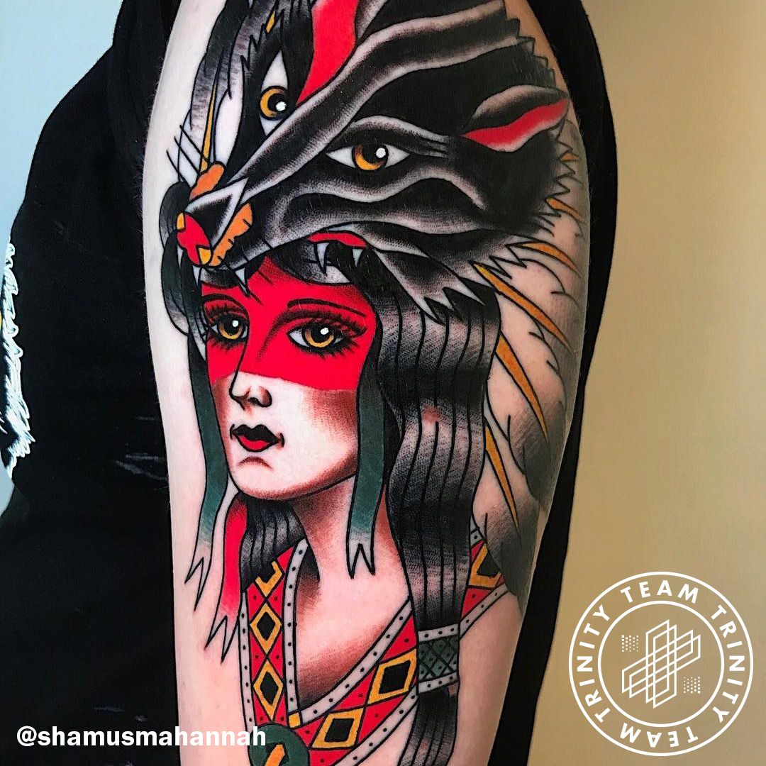 Traditional Girl Wolf Tattoo