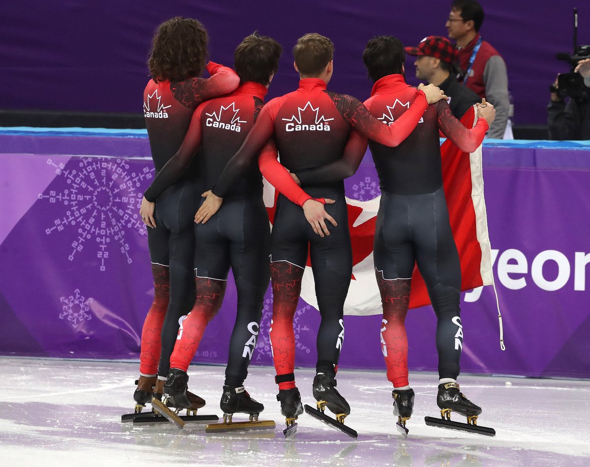 BRONZE! Canada's Short Track Speed Skating Men's Relay team of Samuel ...