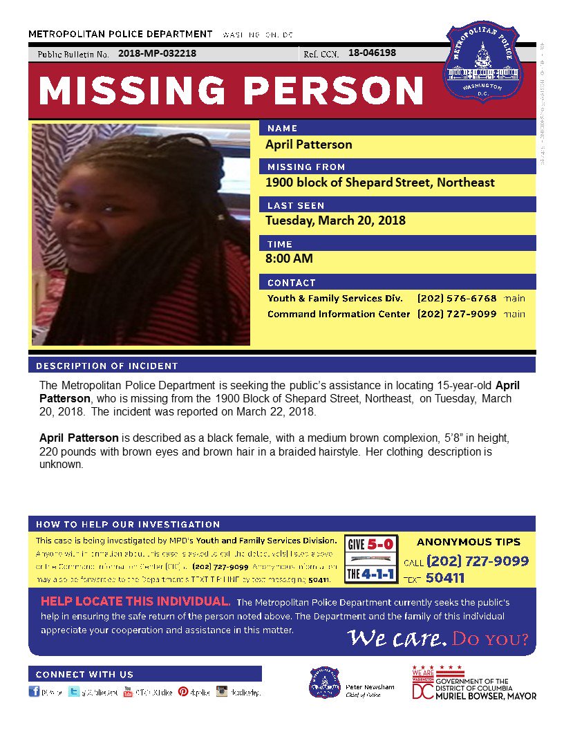 FOUND: Missing Person: April Patterson, 15, Last Seen 3/20 in NE DC ...