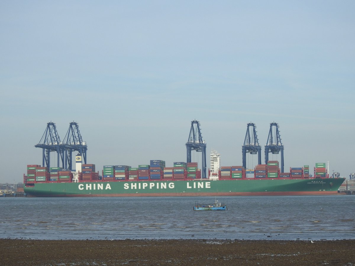Felixstowe from Harwich today. CSCL PACIFIC OCEAN; MUNKEBO MAERSK ...