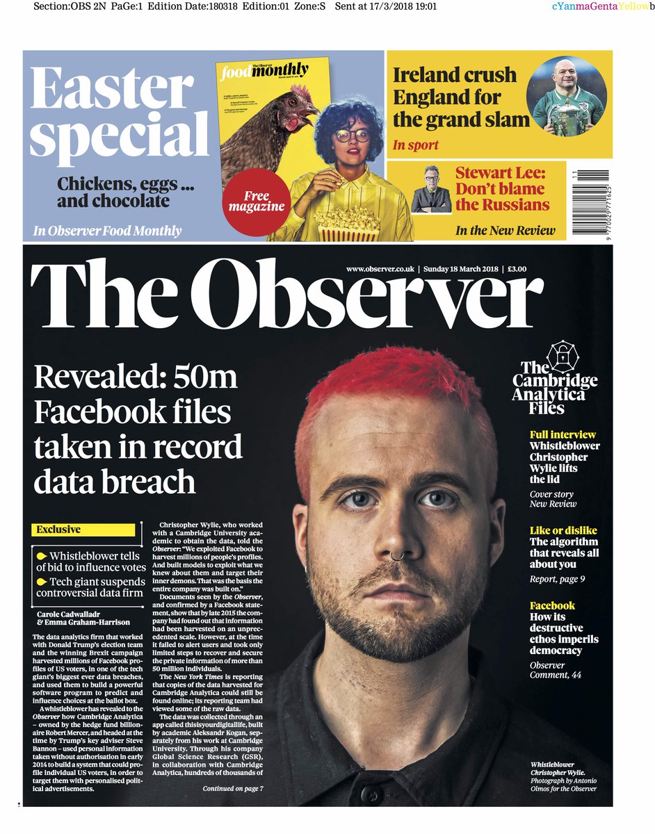The Observer front page, Sunday 18 March 2018: Revealed: 50m Facebook ...