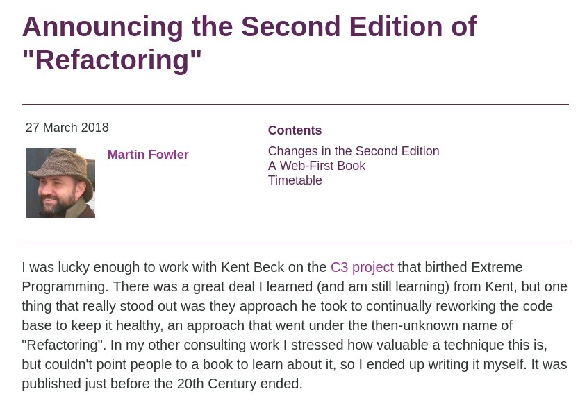 ruanyf on Twitter: "马丁·福勒大师今天宣布，经典名著《重构（Refactoring）》的第二版已经写完了，今年秋天上市。 距离上一版已经过去了20年，他把书里所有的例子从 ...