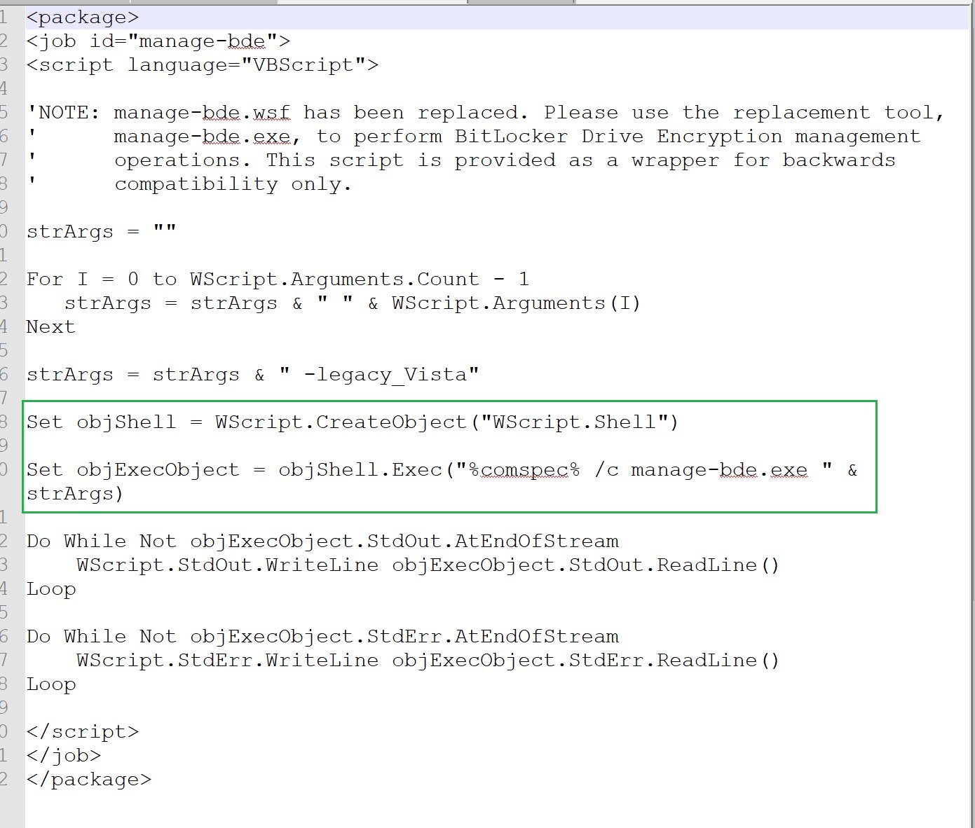 bohops on Twitter: "Windows Script File 'tampering' with manage-bde.wsf (...not really sure if ...