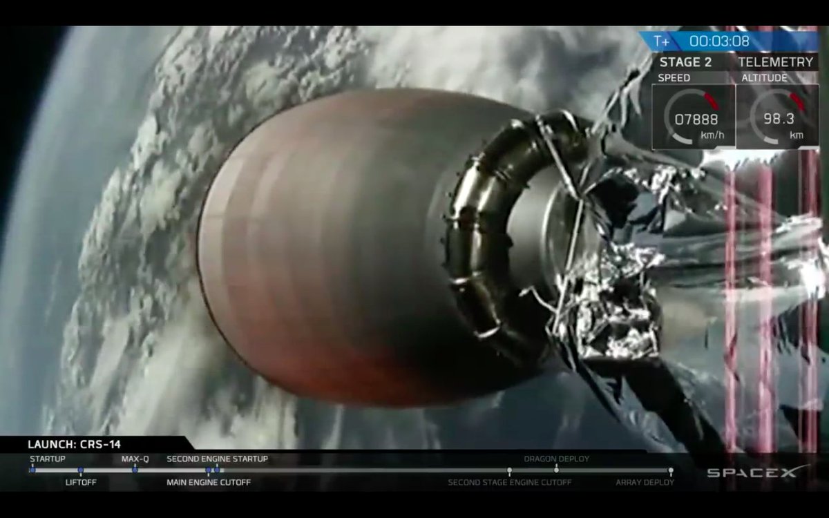 The falcon 9 rocket’s second stage merlin engine is now firing to send ...