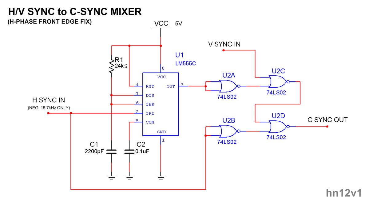 楊子平 on Twitter: "PCエンジン専用のH同期とV同期を混ぜるで複合同期（C-SYNC出力）を作り出す回路（未検証）。 PCエンジンの拡張バスに出力されH同期の幅は10uS前後も ...