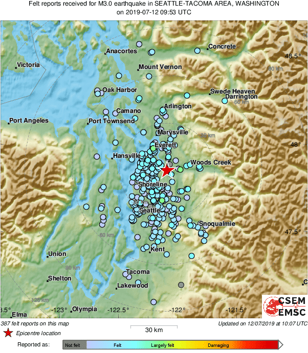 Seattle-Tacoma : Map of felt reports received so far following the # ...