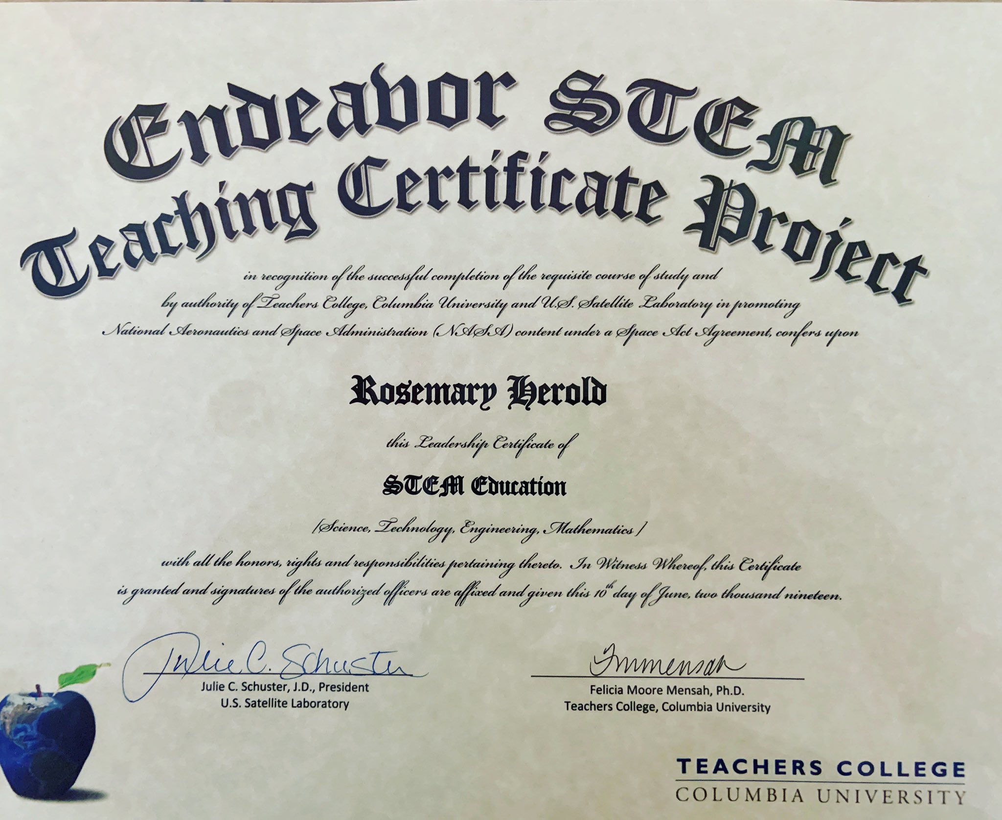 Nasa Endeavor Teaching Certificate