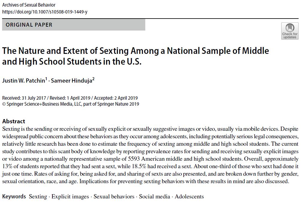 Sameer Hinduja on Twitter: "Our new piece on teen sexting across the US (involving over 5,500 ...