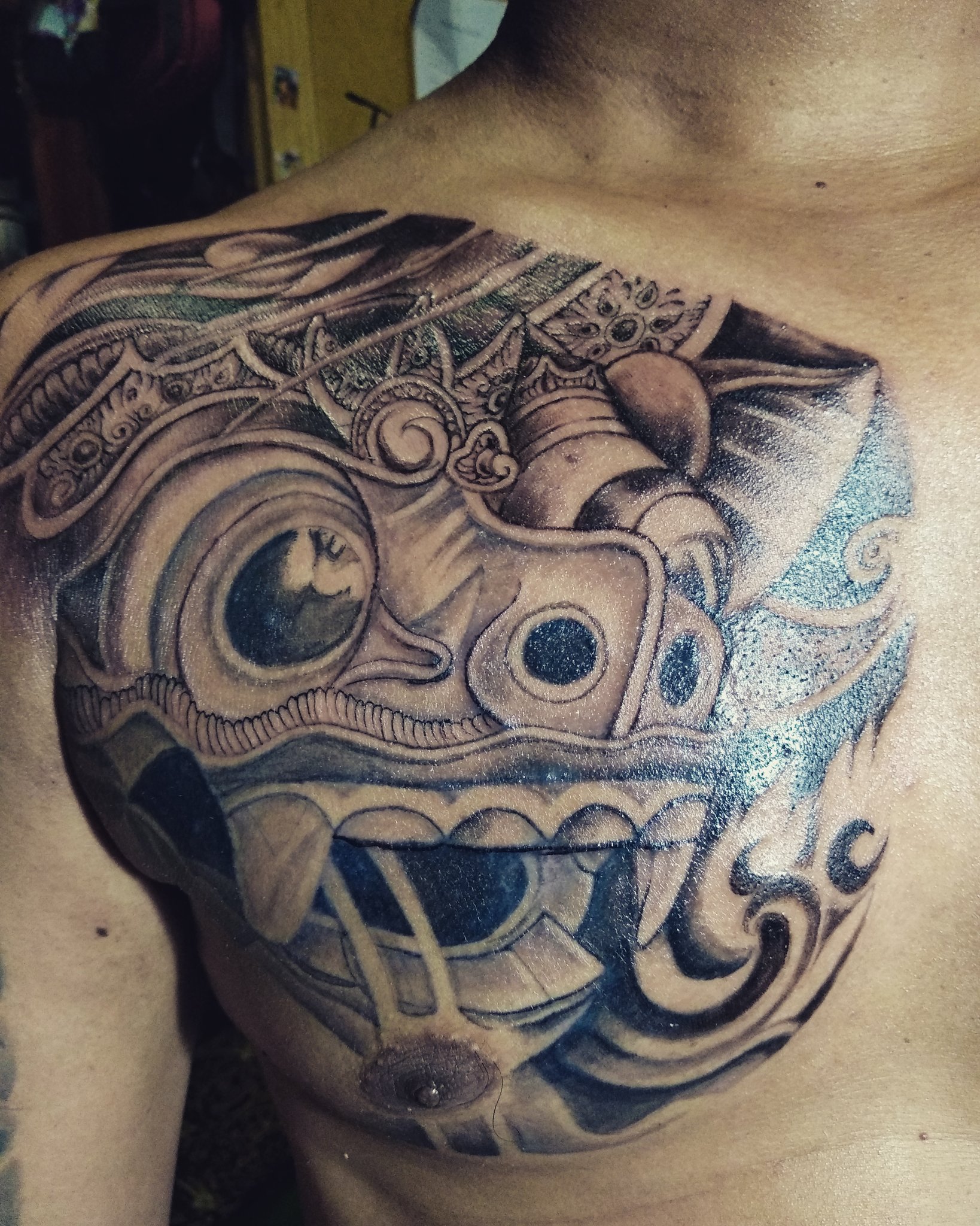 Barong Chest Tattoos Is A Barong Mask Tattoo On A Foreigner