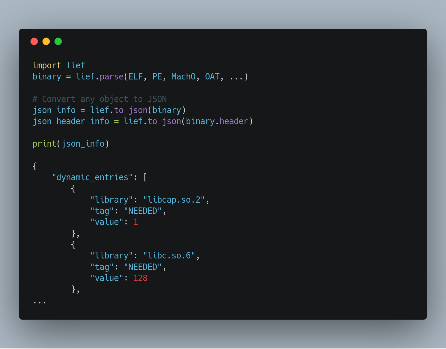lief-project on Twitter: "LIEF now enables to serialize any objects (Header, Symbol, Binary ...