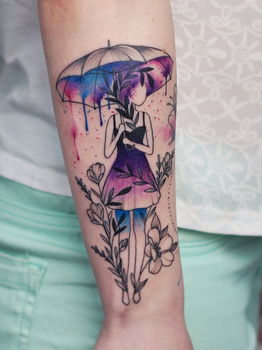 Girl With Umbrella In Rain Tattoo