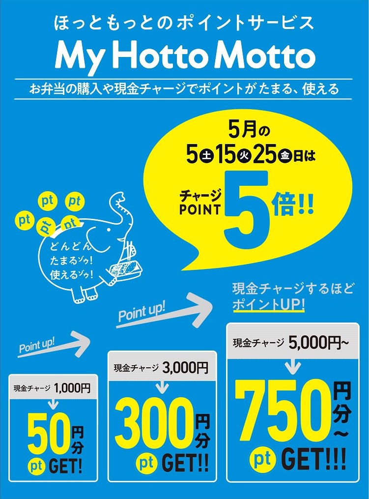 ほっともっと(公式) on Twitter: "5月中、5のつく日はほっともっとのポイントサービス「My Hotto Motto」のチャージポイントが通常の5倍になります。 つ・ま・り！ 明日 ...
