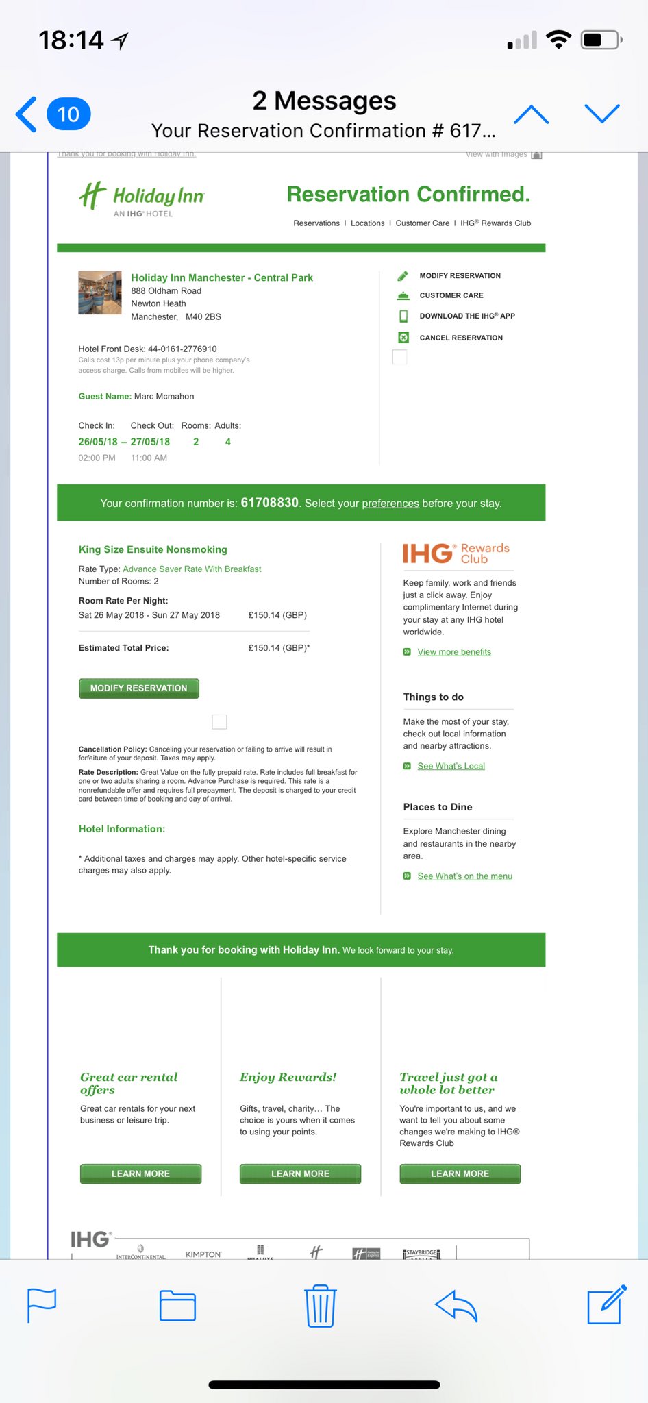 Holiday Inn Confirmations