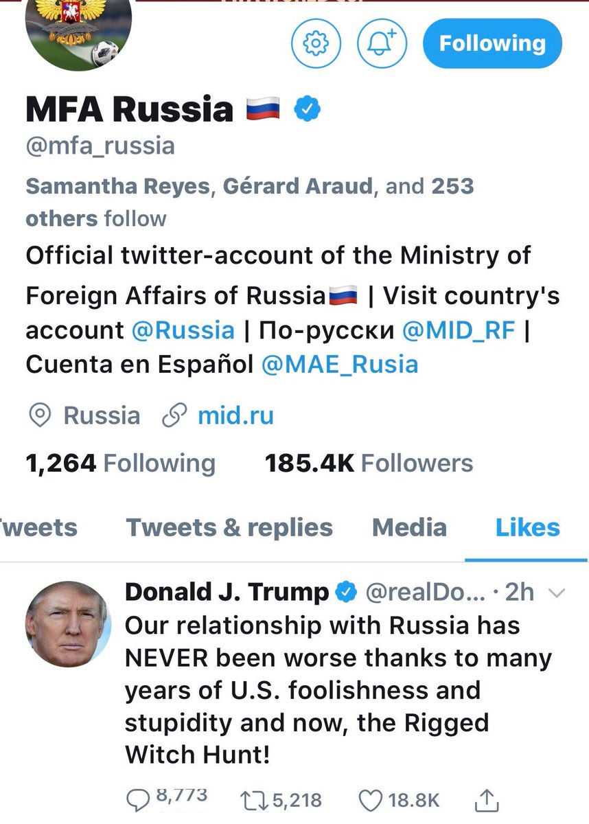 The Russian Foreign Ministry “liked” the president’s tweet, in which Mr ...