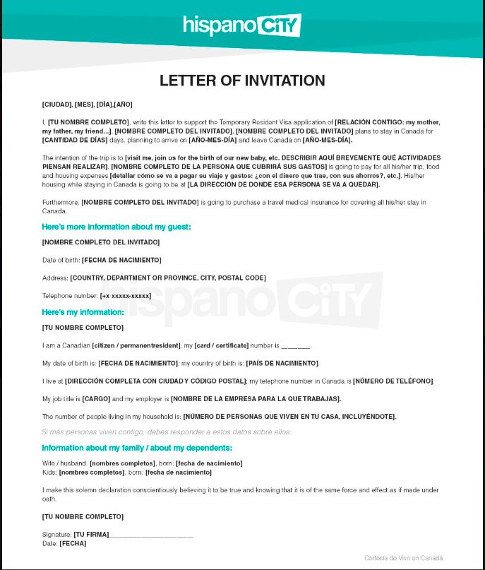 Ejemplo De Carta De Invitación Para Visa De Visitante De Canadá Visa