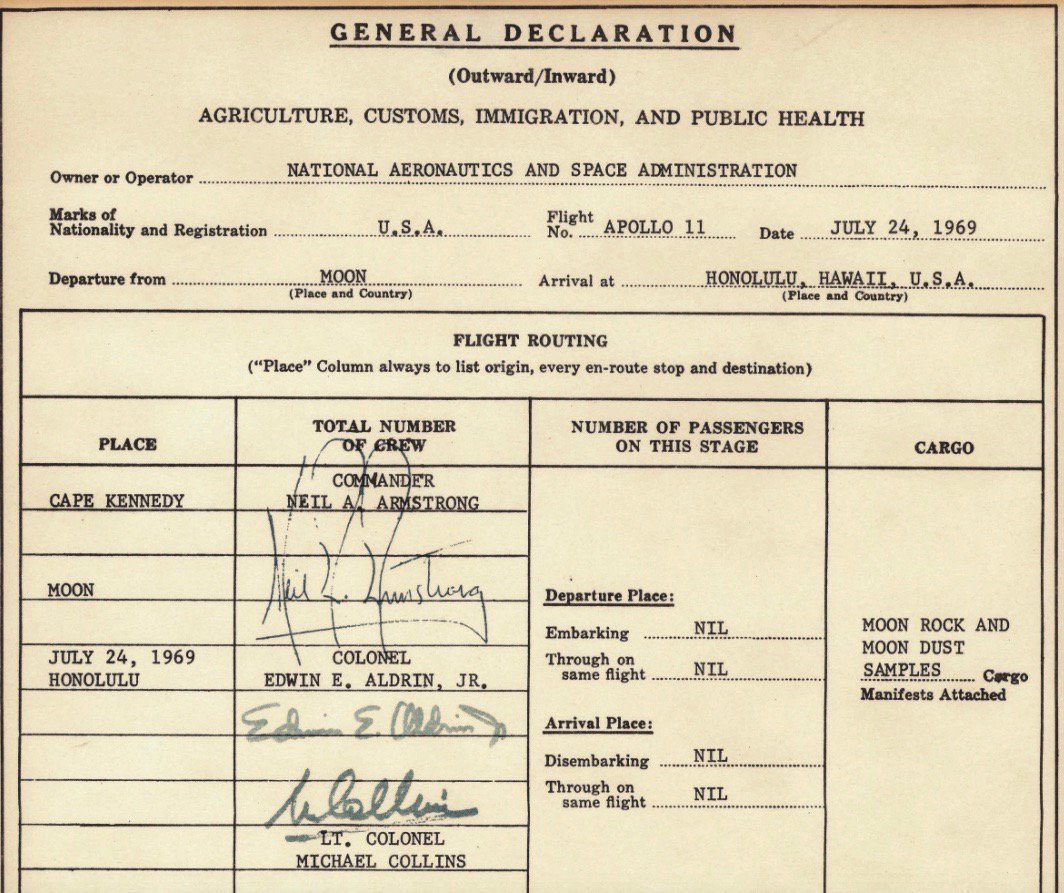 Apollo 11 U.S. Customs declaration form after first moon landing : r ...