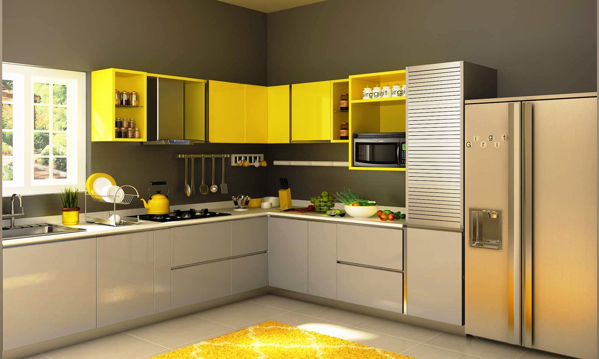 Yellow Open Shelving Kitchen Design