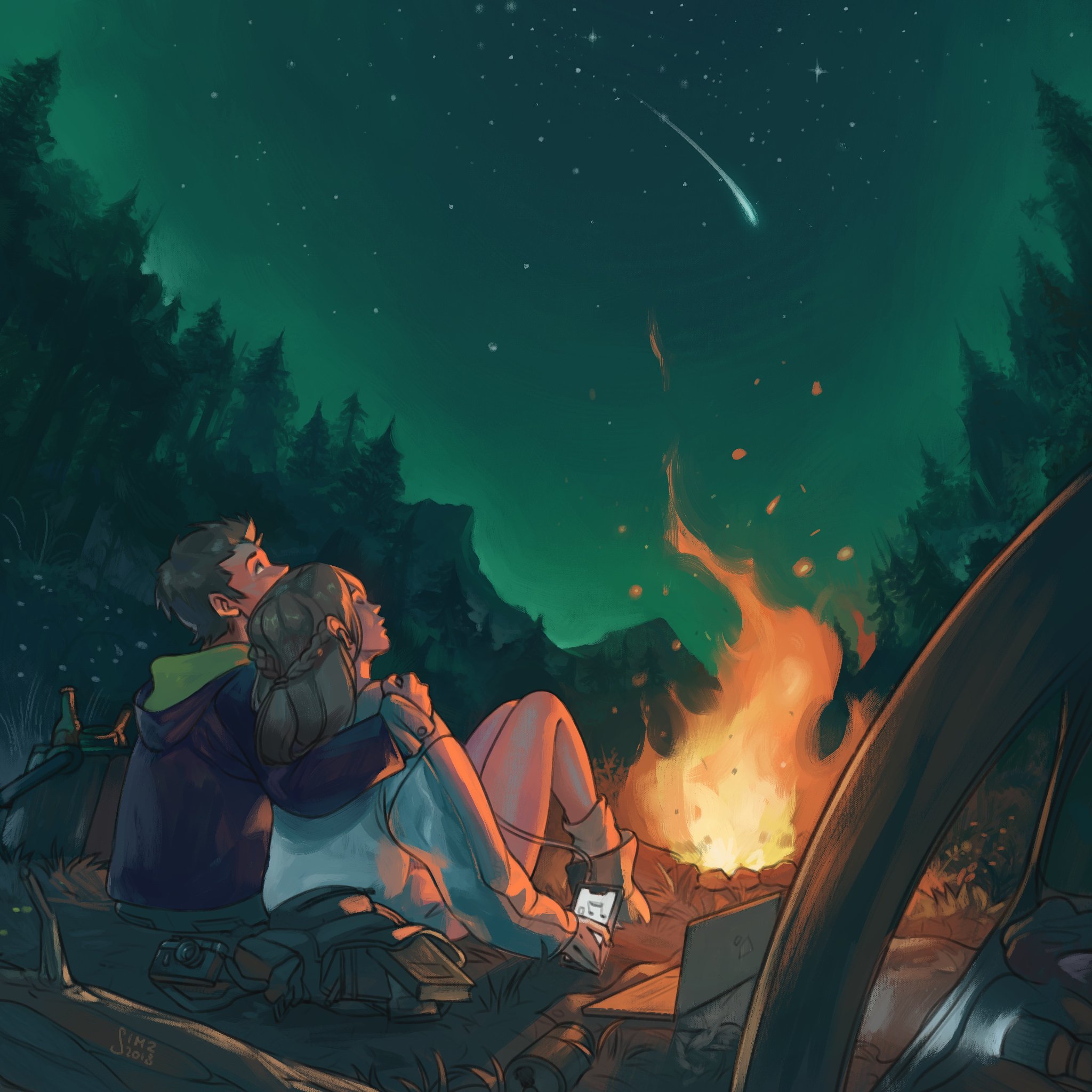 Couple Stargazing Drawing